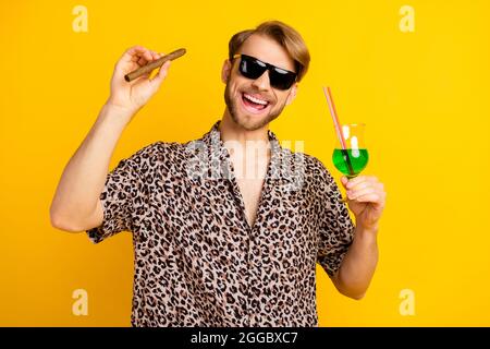 Photo of pretty sweet guy wear purple t-shirt dancing empty space ...
