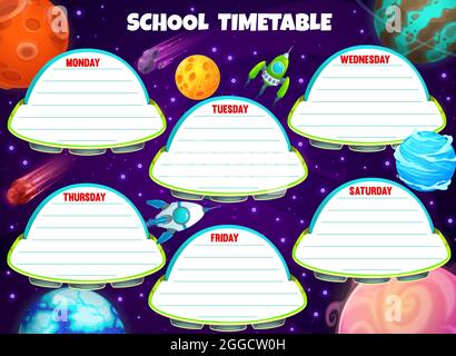 Space timetable with galaxy stars and planets. Vector schedule template ...