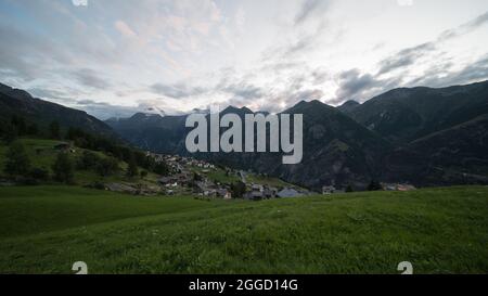 View of the village of Grachen (Valais, Switzerland) on a sunny and ...