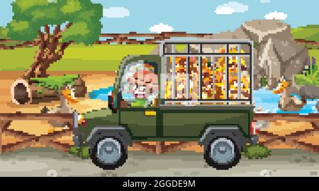 Safari scene with many leopards in a cage car illustration Stock Vector ...