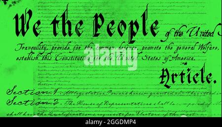 Digital image of written constitution of the United States moving in ...