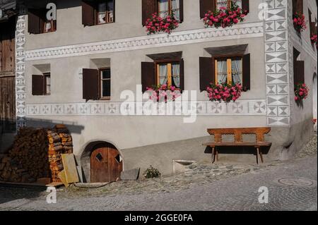 Entrance of an Engadin house decorated with Sgraffito ornaments, Scuol ...