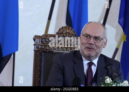 President of Estonia, Alar Karis speaks during a protest against ...