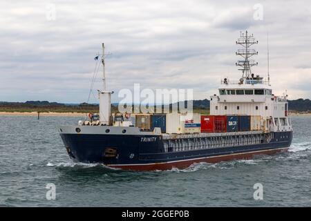 Trinity general cargo ship underway departing from Poole Harbour ...