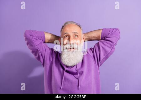 Portrait of attractive dreamy cheerful grey-haired woman making capture ...