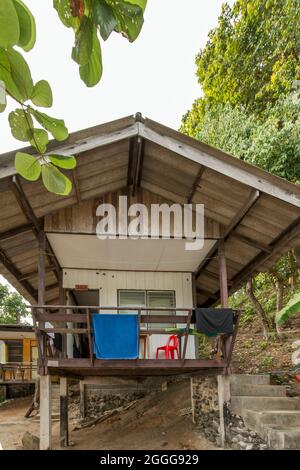 A wooden cottage in the middle of a jungle surrounded by trees with ...