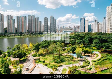 View of modern buildings and Gwanggyo Lake Park in Suwon, Korea Stock ...