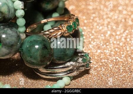 Natural emerald, beryl beaded bracelet, necklace and yellow gold ring ...