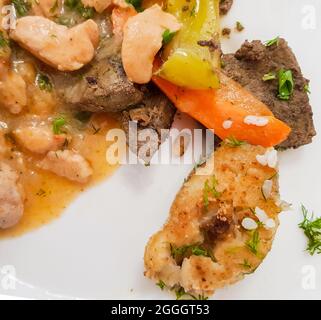 Set of meat beef slice liver and mushroom vegetables on white plate for ...