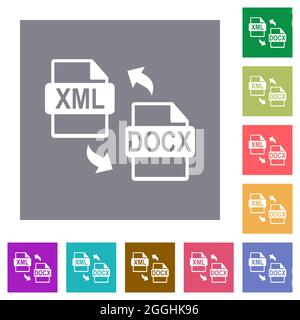 XML DOCX file conversion flat white icons in square backgrounds. 6 bonus icons included Stock ...
