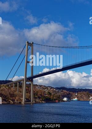 Suspension bridge between Askoy and Bergen, Norway in a cloudy day ...