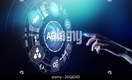 Agile development methodology concept on virtual screen. Technology ...