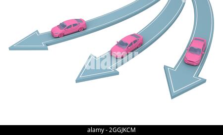 pink car go in different directions isolated on white. 3d rendering ...