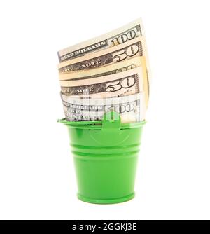 small bucket with dollar bills on a white background. Bucket full of ...
