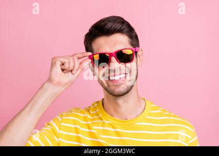 Photo of cheerful smart person beaming smile point finger brilliant ...