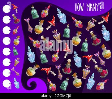 Math game worksheet. Magic potion bottles. Kids education riddle ...