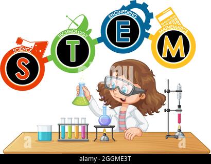 STEM education logo with scientist kid cartoon character illustration ...