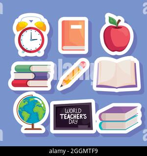 Set of Teachers Day stickers. Vector cartoon illustration of book ...
