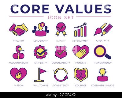 Core Values Retro Icon Set. Integrity, Leadership, Quality and ...