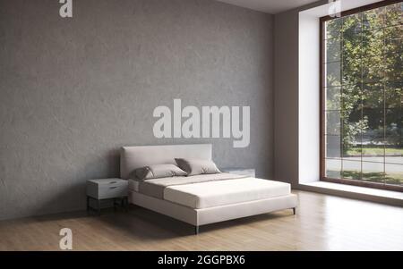 3d visualization of a double bed with bedside tables in a minimalistic interior, 3D illustration ...