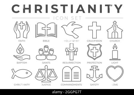 Christianity Outline Icon Set with Faith, Bible, Crucifixion , Baptism ...