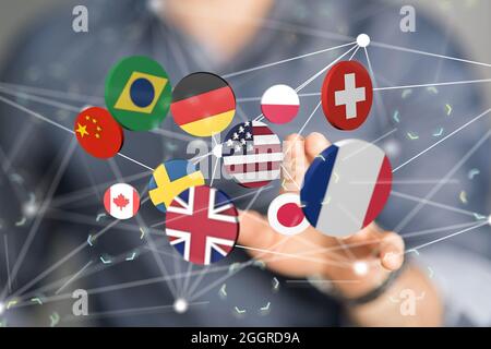 Hand touching floating 3D flags of many countries Stock Photo - Alamy