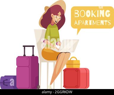 Cartoon composition with woman booking plane tickets on smartphone ...