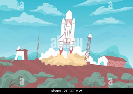 Rocket launch flat composition with view of launching site with space ...