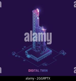 Digital twin space program simulation technology isometric background composition with ...