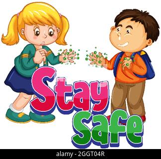 Stay Safe logo with two kids washing hands with soap isolated ...