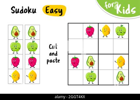 Sudoku kids game. Cut and paste the pictures. Cute fruit characters ...