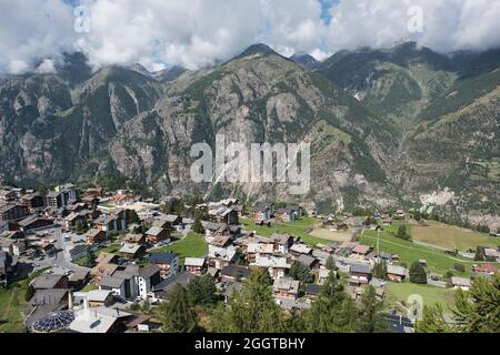View of the village of Grachen (Valais, Switzerland) on a sunny and ...