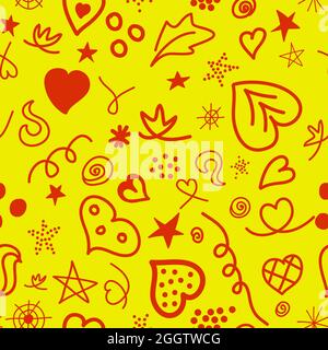 Seamless pattern fantasy curl heart leaf star dot, blue orange color ...