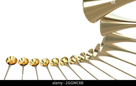 A group of golden medieval trumpets in a circular arc proclaiming a ...