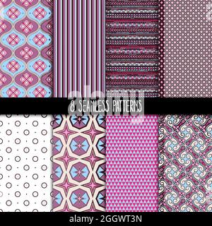 set of eight different ornamental blue patterns. Ethnic floral and ...