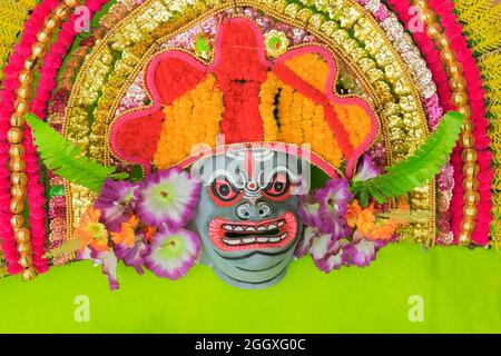 Colorful Chhau (or chhou) mask of a demon, called Asur in Hindu ...