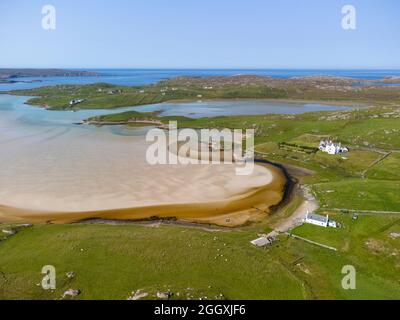Aerial view from drone of Uig sands beach from Carnish on west coast of ...