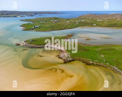Aerial view from drone of Uig sands beach from Carnish on west coast of ...
