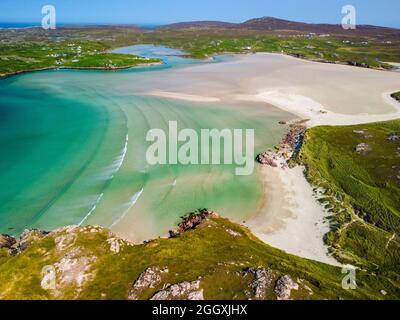 Aerial view from drone of Uig sands beach from Carnish on west coast of ...