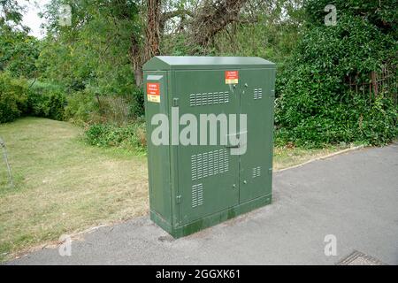 BT Openreach fibre broadband green street cabinet, seen in St Ives ...