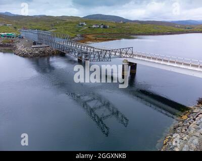 Aerial view of new bridge under construction linking islands of Great ...