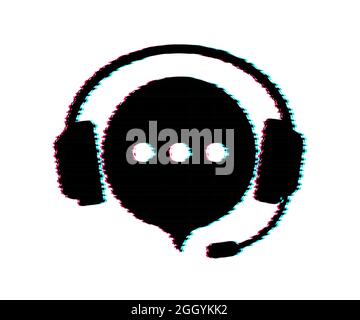 Online support service. Glitch icon. Headphones with microphone and ...