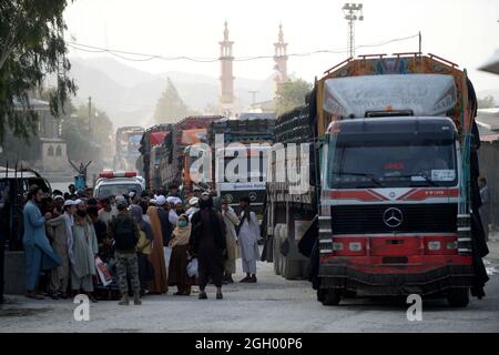 Torkham. 3rd Sep, 2021. Photo taken on Sept. 3, 2021 shows a truck ...