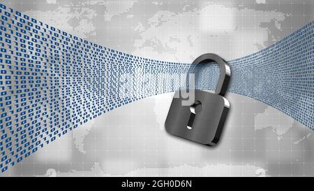 Digital data stream flows through closed padlock - series of binary code on data server room ...