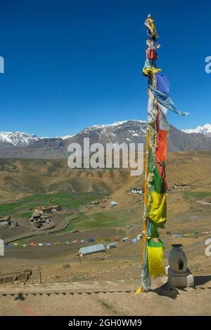 Panoramic view of Komic village in the Spiti valley in the Himalayas ...