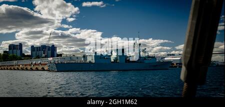 Her Majesty's Canadian Ship (HMCS) "Ville de Québec" docked in Montreal ...