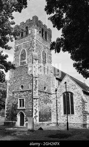 The medieval church tower of All Hallows, Tottenham, North London UK ...