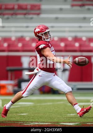 Kick The Ball. 4th Sep, 2021. Arkansas punter Reid Bauer #30 prepares ...