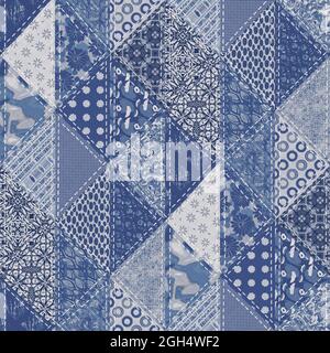Denim western blue patchwork triangle woven texture. Indigo vintage wash printed cotton textile ...