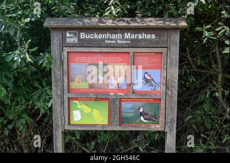 RSPB Buckenham Marshes nature reserve sign with all infomation of the ...